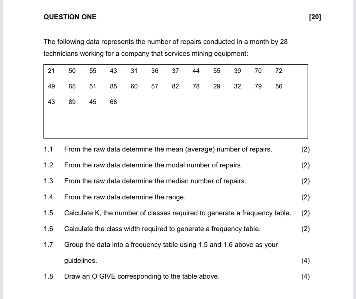 Solved The following data represents the number of repairs | Chegg.com