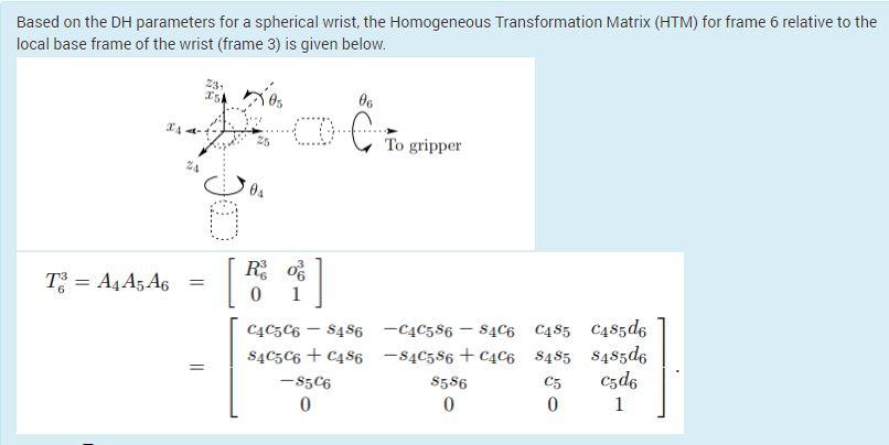 Solved Based on the DH parameters for a spherical wrist, the | Chegg.com