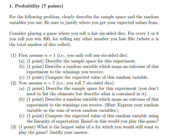 Solved 1. Probability (7 points) For the following problem, | Chegg.com