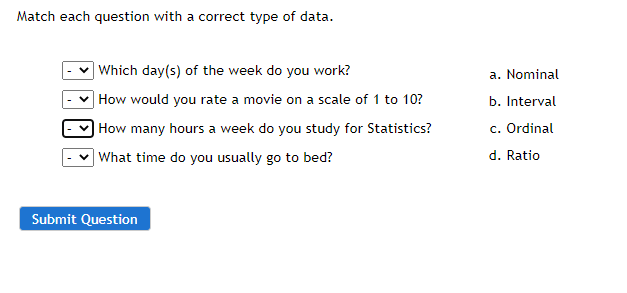Solved Match each question with a correct type of data. ] | Chegg.com