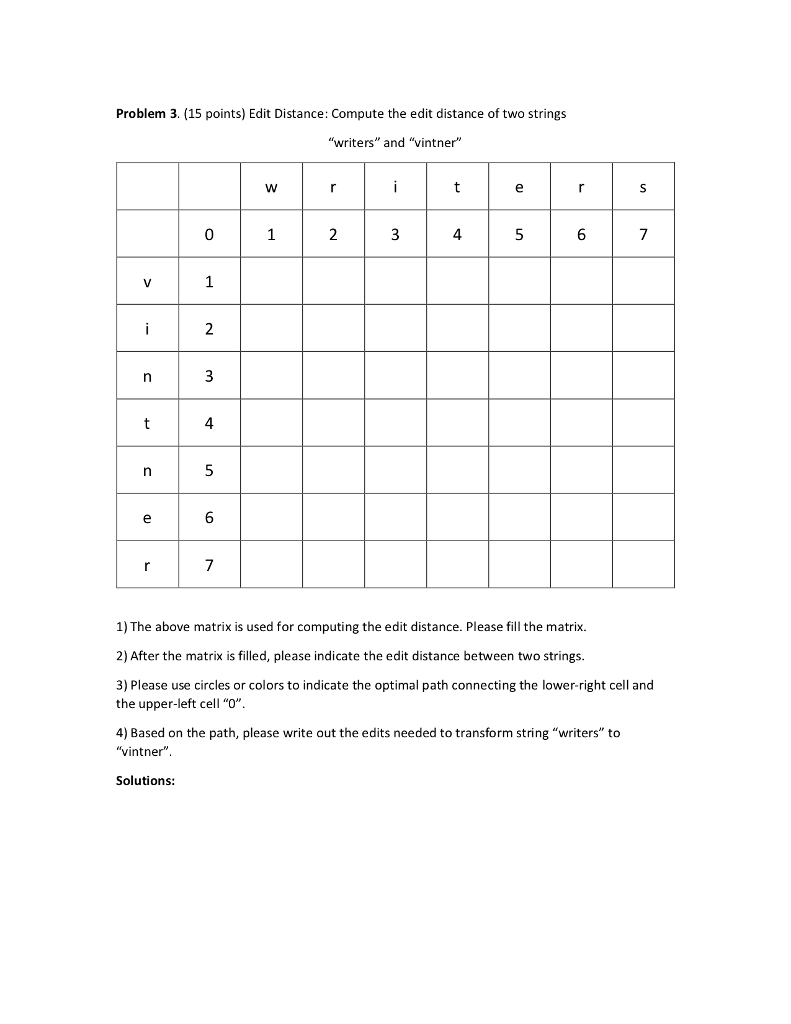 Solved Problem 3. (15 points) Edit Distance: Compute the | Chegg.com