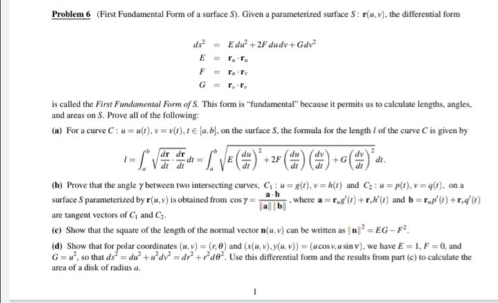 Problem 6 (First Fundamental Form of a surface S). | Chegg.com