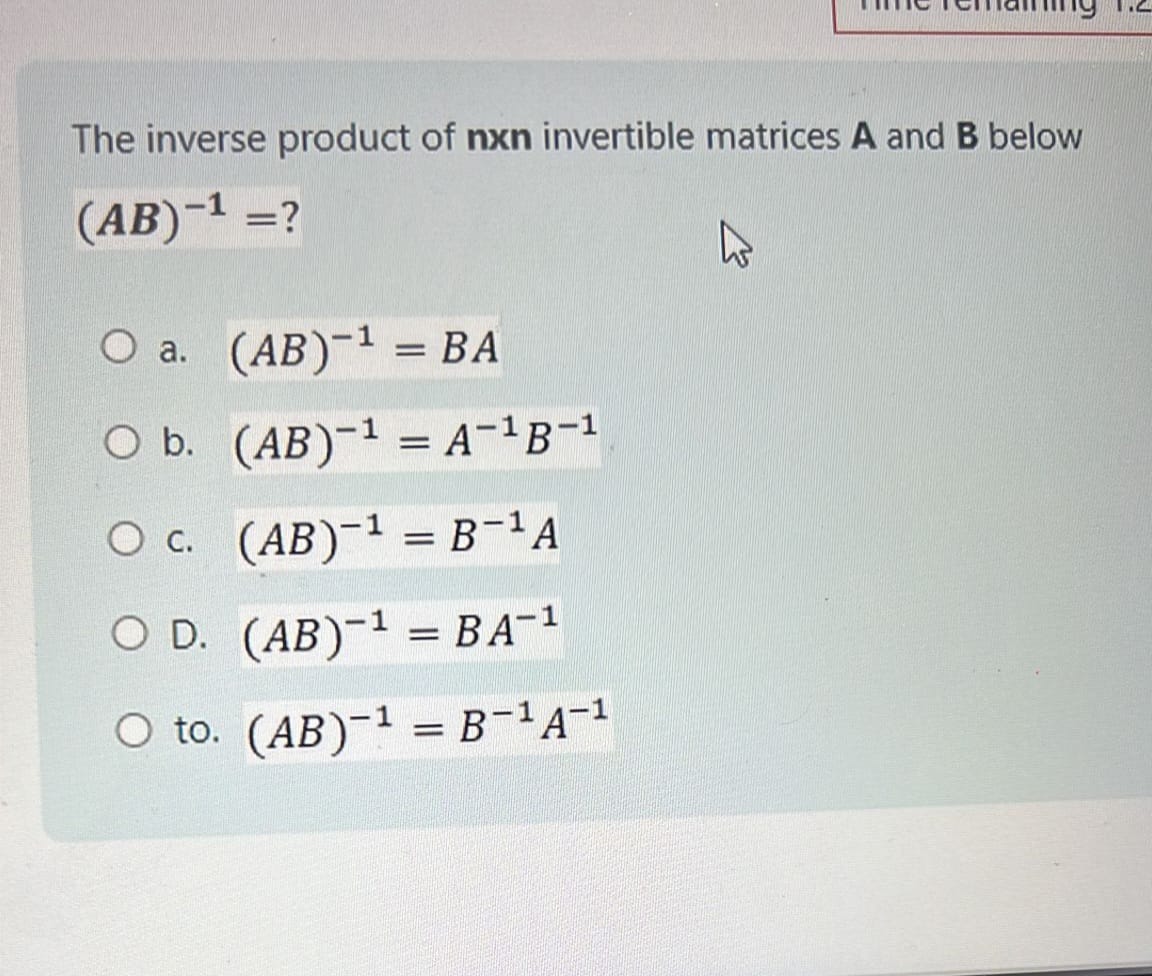 Solved The inverse product of nxn invertible matrices A and | Chegg.com