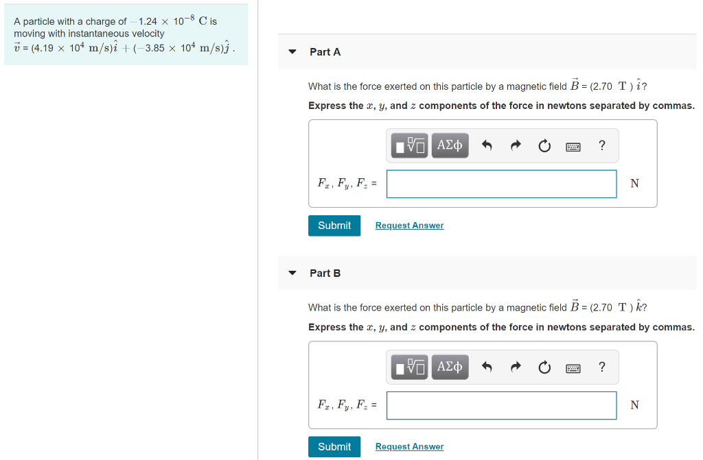 Solved A particle with a charge of -1.24 x 10-8 C is moving | Chegg.com