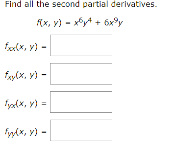 Solved Find all the second partial derivatives. f(x, y) = | Chegg.com