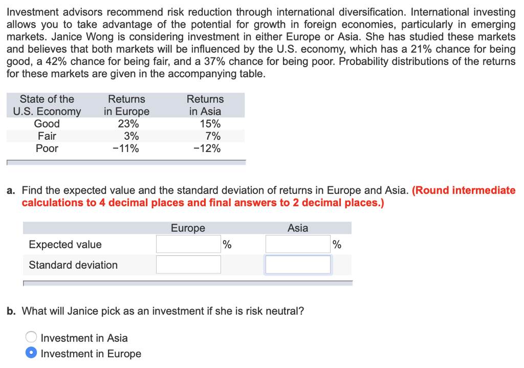 Solved Investment advisors recommend risk reduction through | Chegg.com