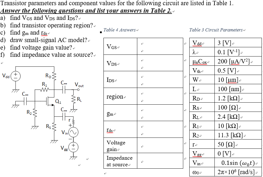 Solved Voa Ô Rose Transistor parameters and component values | Chegg.com