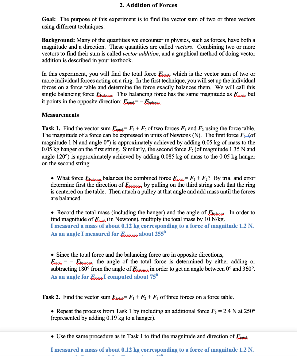 2. Addition of Forces Goal: The purpose of this | Chegg.com