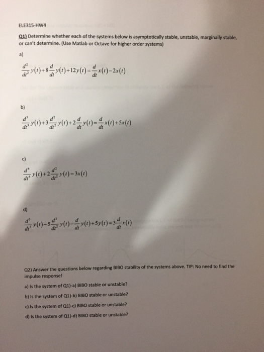 Solved ELE315-HW4 Q1) Determine whether each of the systems | Chegg.com
