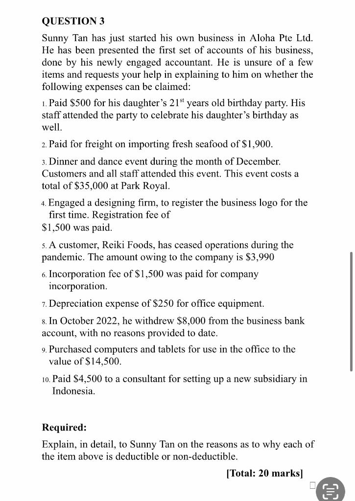 Solved QUESTION 3 Sunny Tan has just started his own | Chegg.com