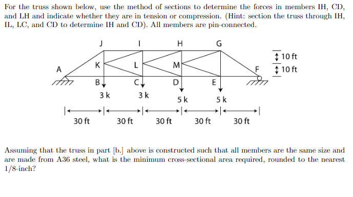 Solved For the truss shown below, use the method of sections | Chegg.com