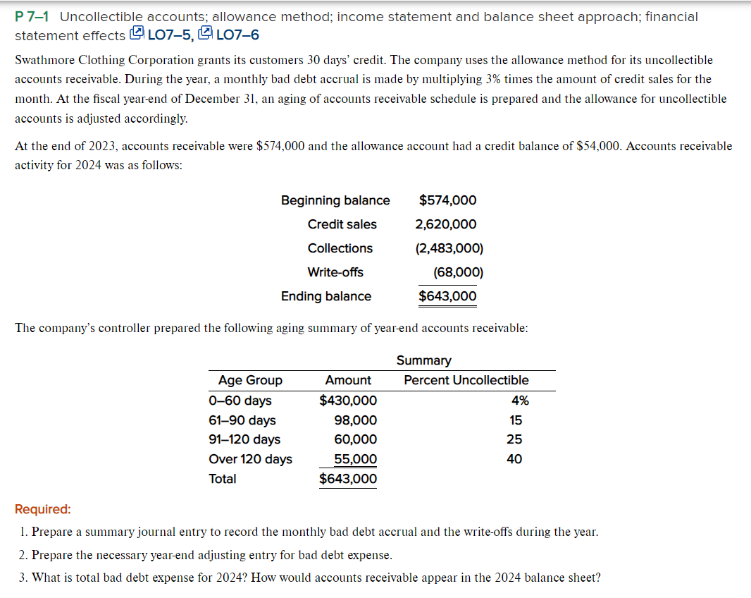 Solved P 7-1 Uncollectible accounts; allowance method; | Chegg.com