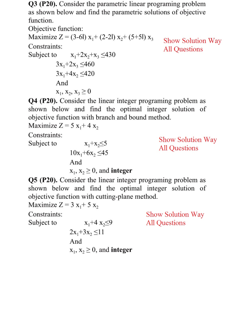 Solved Q3 P20 Consider The Parametric Linear Programing