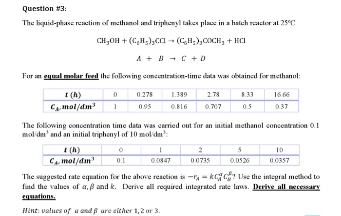 Solved Question #3: The liquid-phase reaction of methanol | Chegg.com