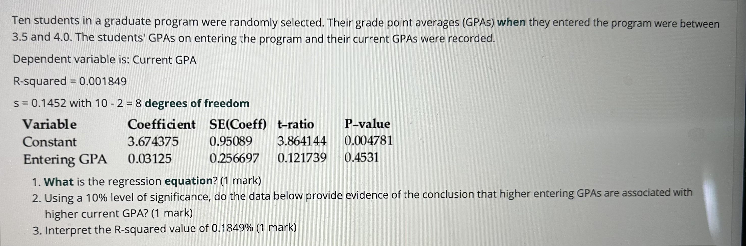 Solved What is the regression equation?Using 10% level of | Chegg.com