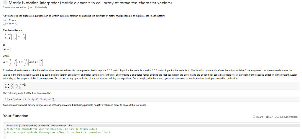 Solved Matrix Notation Interpreter (matrix elements to cell | Chegg.com