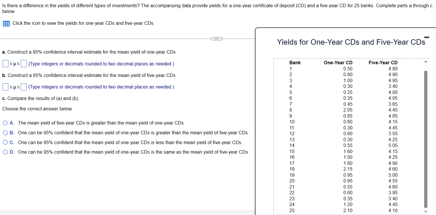 Solved below. Click the icon to view the yields for one-year | Chegg.com