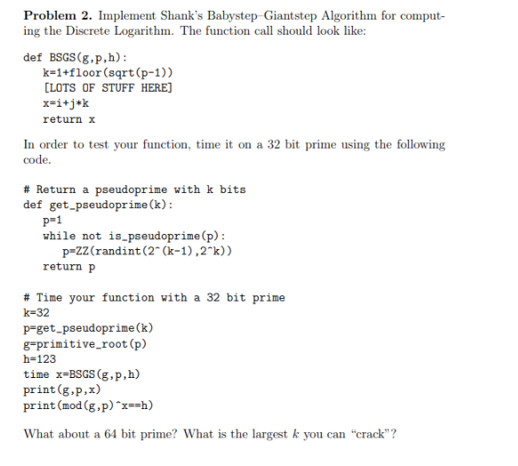 Problem 2. Implement Shank's Babystep Giantstep | Chegg.com
