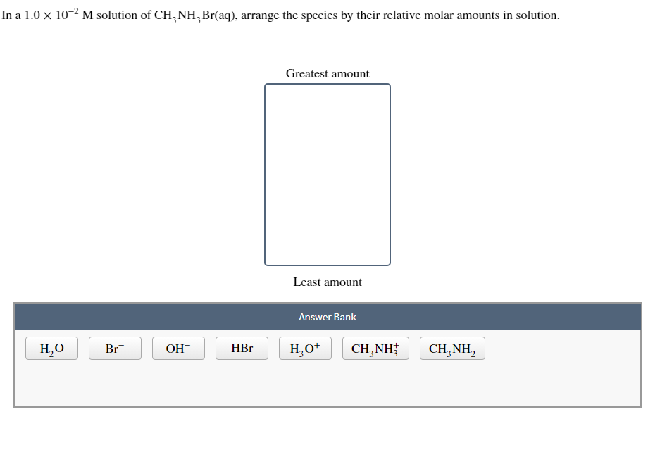 Solved In a 1.0×10-2M ﻿solution of CH3NH3Br(aq), ﻿arrange | Chegg.com