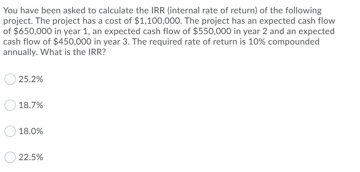 Solved You have been asked to calculate the IRR (internal | Chegg.com