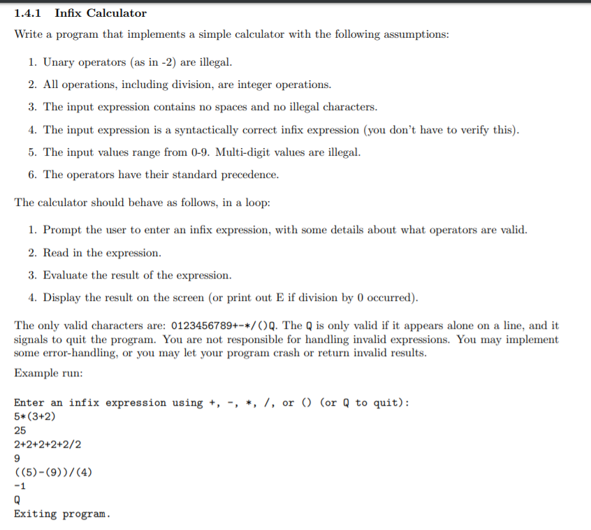 1.4.1 Infix Calculator Write a program that | Chegg.com
