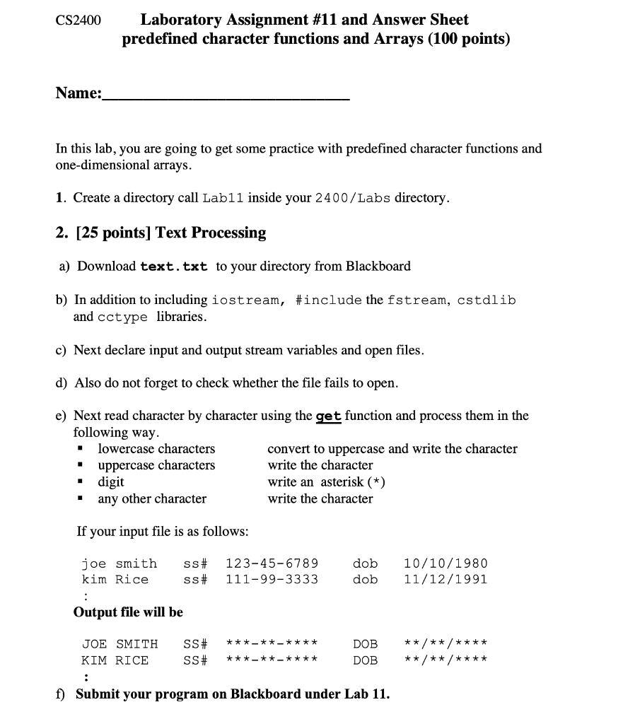 Solved CS2400 Laboratory Assignment #11 and Answer Sheet | Chegg.com