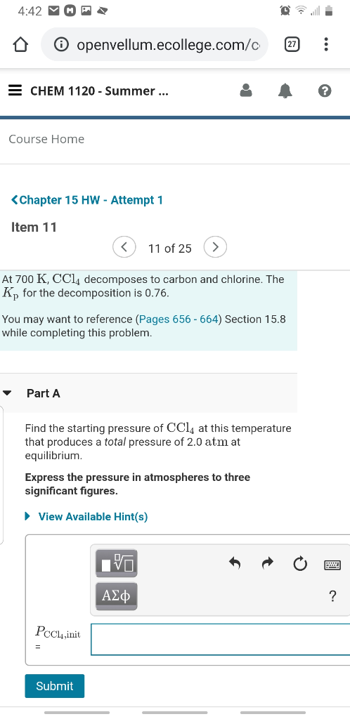 Solved 4:42 MP openvellum.ecollege.com/ = CHEM 1120 - Summer | Chegg.com