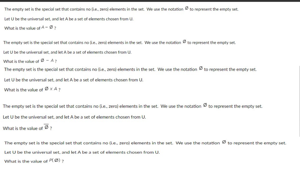 Solved The empty set is the special set that contains no | Chegg.com