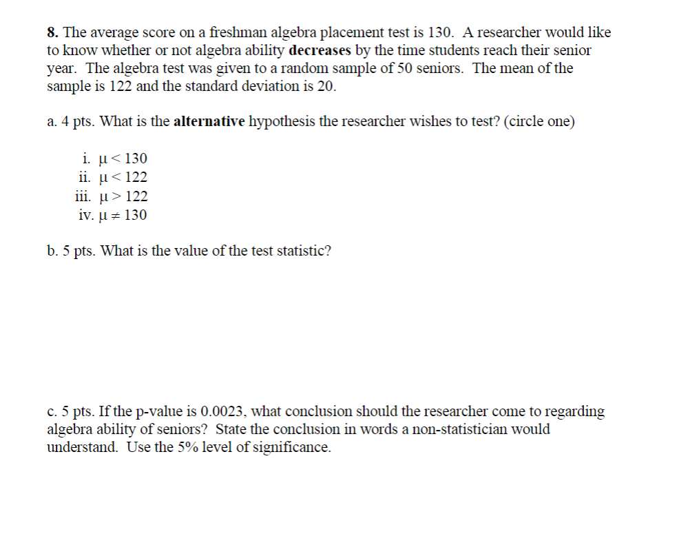 Solved 8. The average score on a freshman algebra placement | Chegg.com