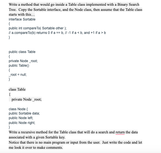 Solved Write a method that would go inside a Table class | Chegg.com