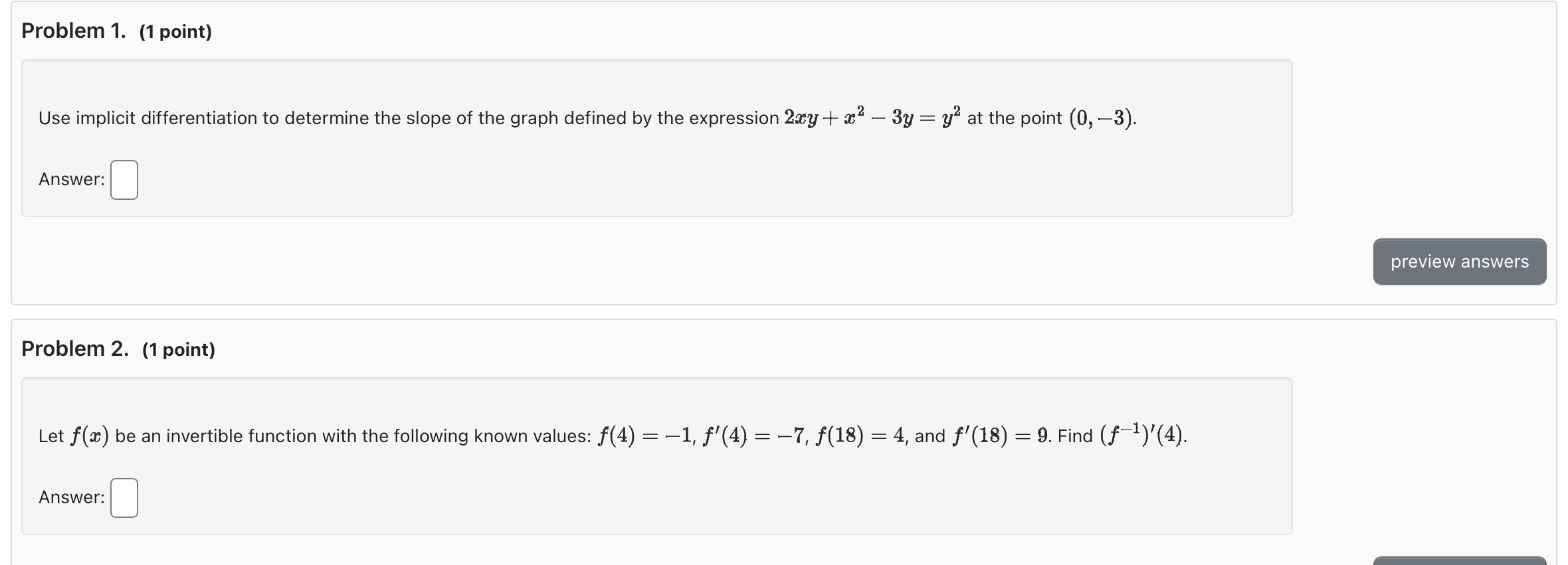 Solved Problem 1.(1 ﻿point)Use implicit differentiation to | Chegg.com