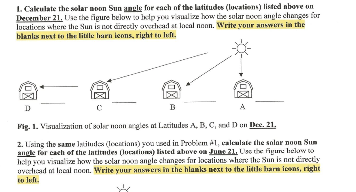 Solved 1. Calculate the solar noon Sun angle for each of the | Chegg.com