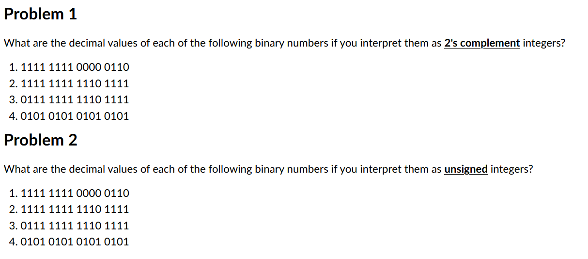 Solved Problem 1 What are the decimal values of each of the | Chegg.com