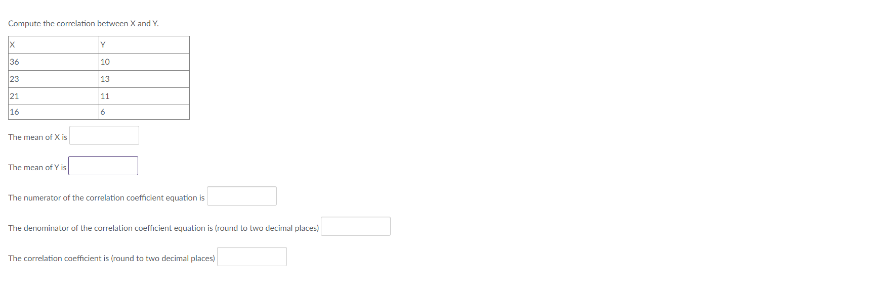Solved Compute the correlation between x ﻿and Y.The mean of | Chegg.com