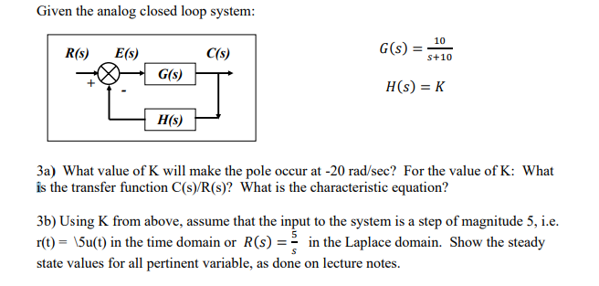 Solved Given the analog closed loop system: R(s) E(s) C(s) | Chegg.com