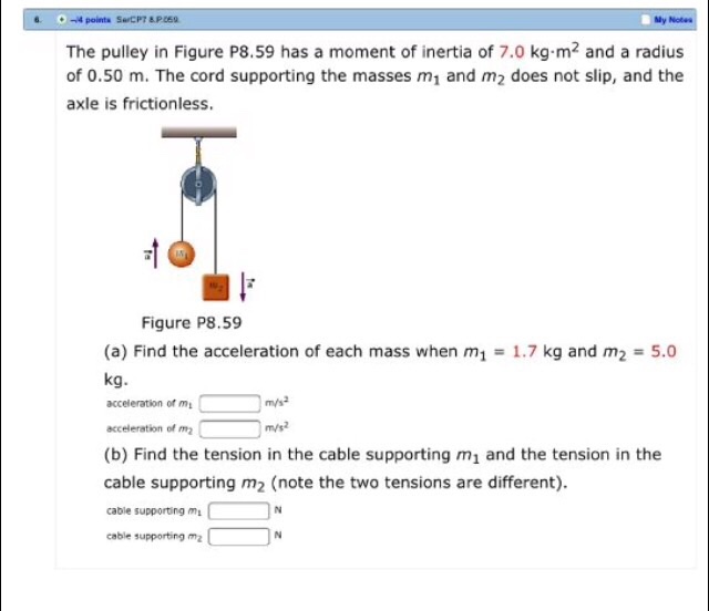 Solved The pulley in Figure P8.59 has a moment of inertia of | Chegg.com