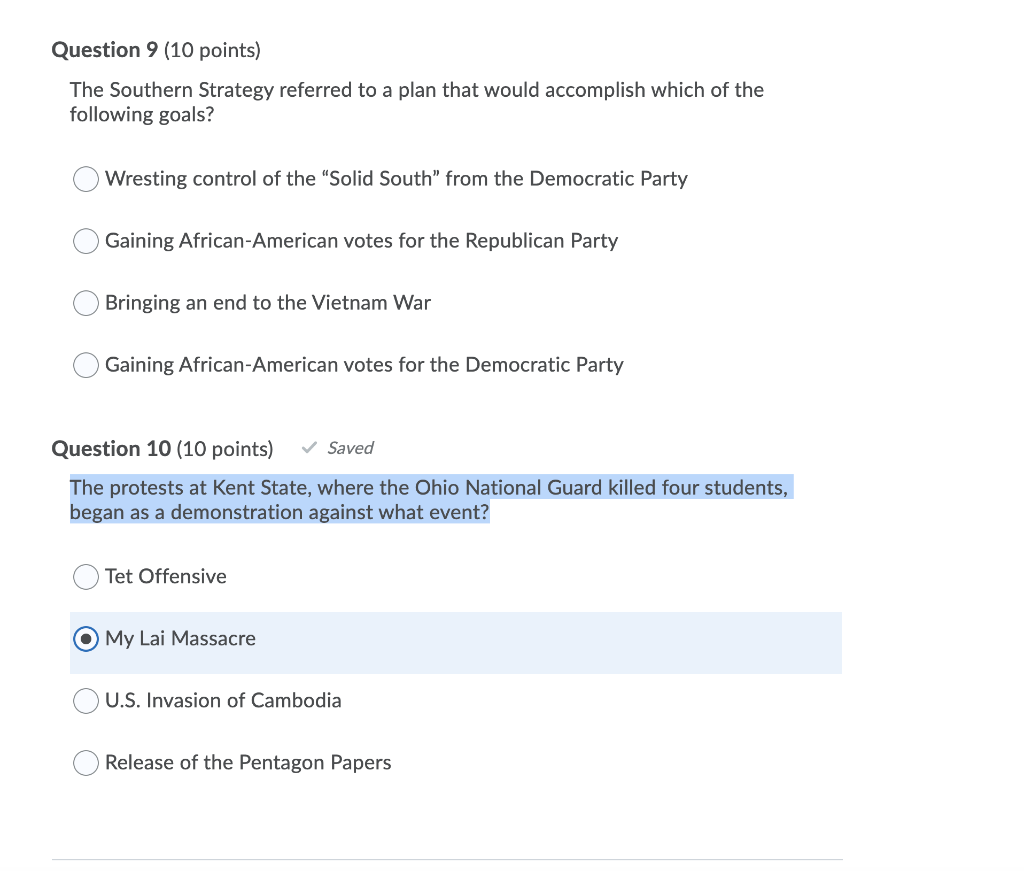 Question 9 (10 points) The Southern Strategy referred | Chegg.com