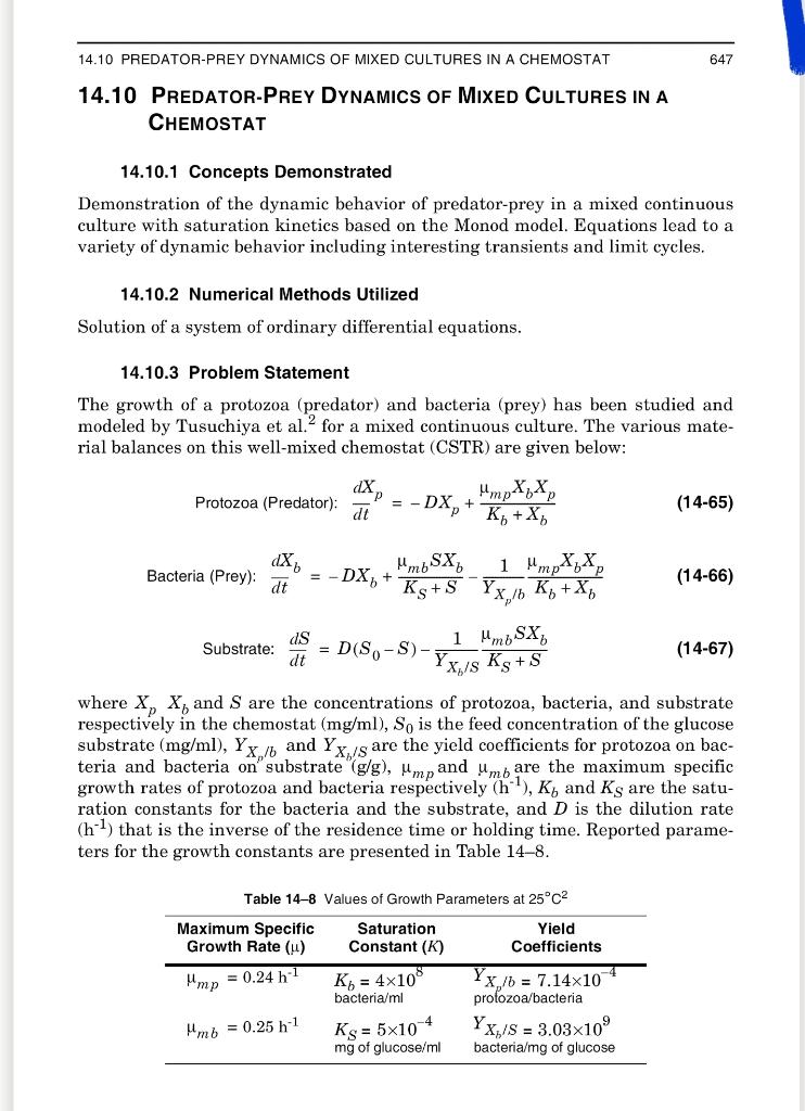 Solved 14.10 PREDATOR-PREY DYNAMICS OF MIXED CULTURES IN A | Chegg.com