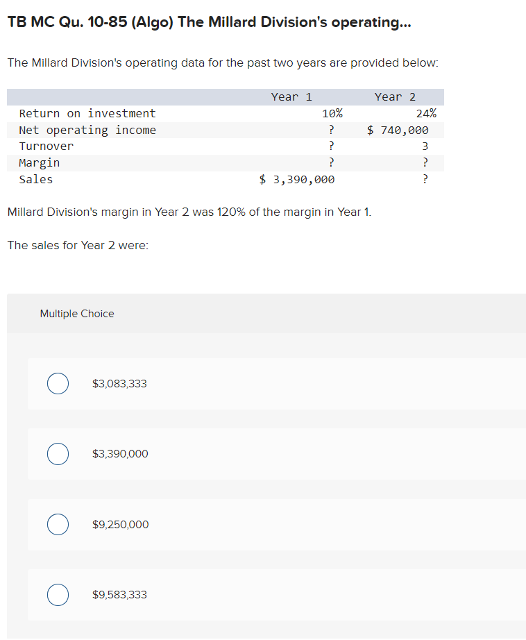 Solved TB MC Qu. 10-85 (Algo) The Millard Division's | Chegg.com