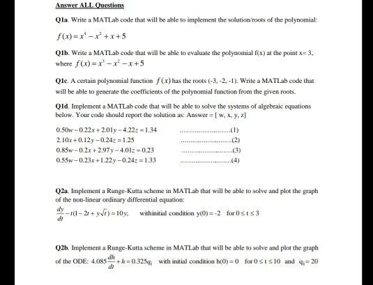 Solved Answer ALL Questions Qla. Write a MATLab code that | Chegg.com