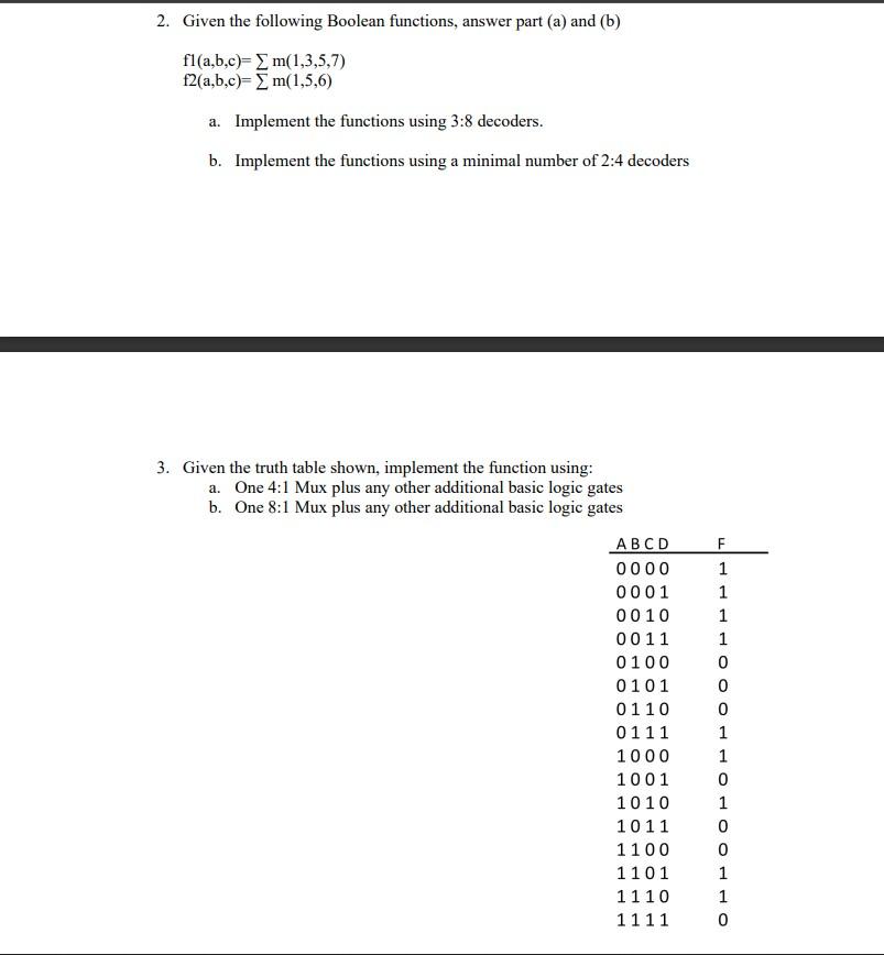 Solved 2. Given the following Boolean functions, answer part | Chegg.com