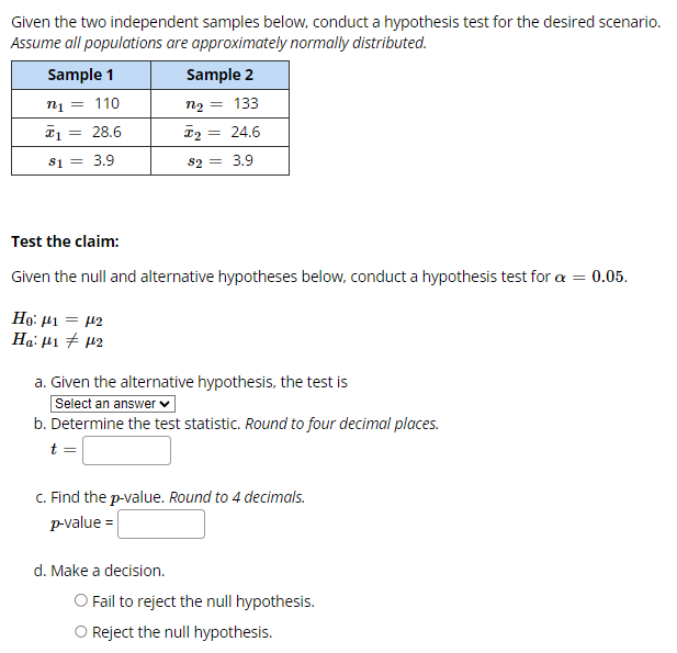 Solved Given the two independent samples below, conduct a | Chegg.com