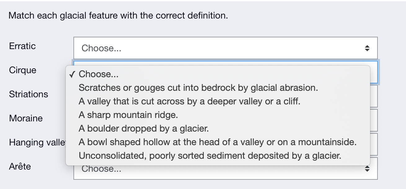 Match The Glacial Features With Their Descriptions