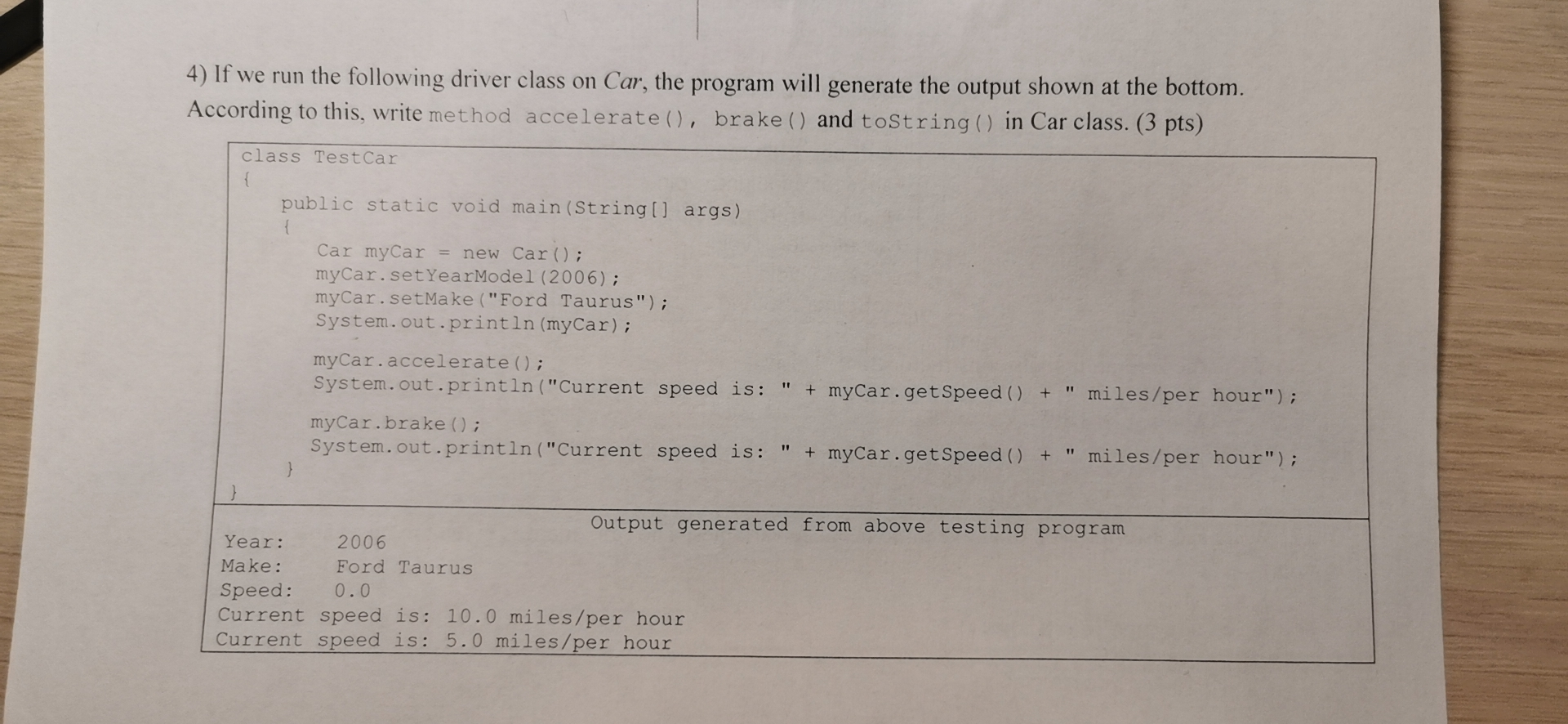 Solved 4) If we run the following driver class on Car, the | Chegg.com