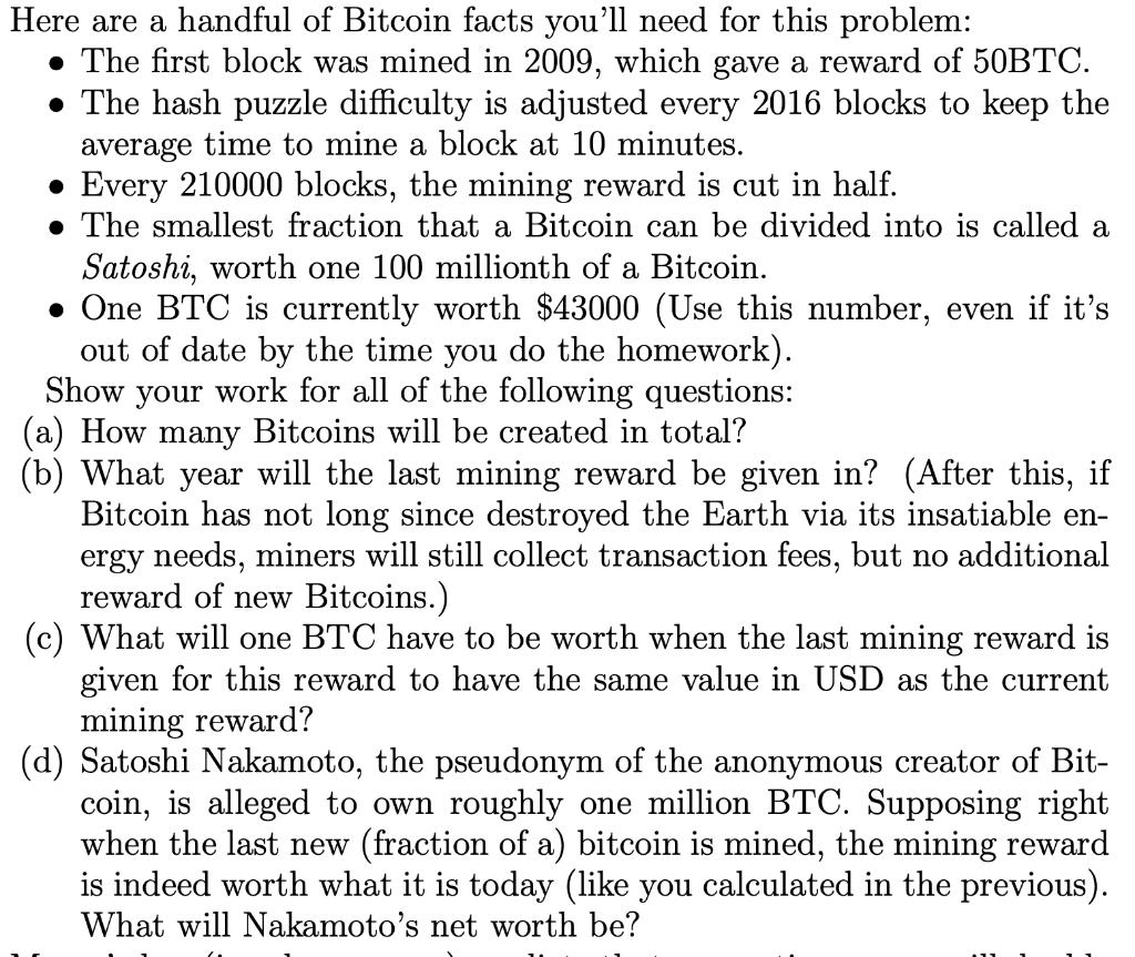 a Here are a handful of Bitcoin facts you'll need for | Chegg.com