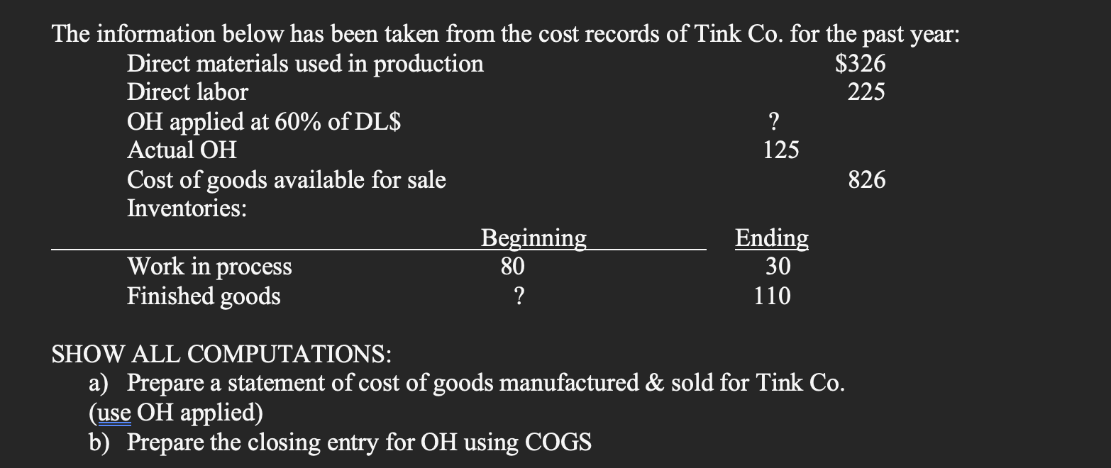 Solved SHOW ALL COMPUTATIONS: a) Prepare a statement of cost | Chegg.com