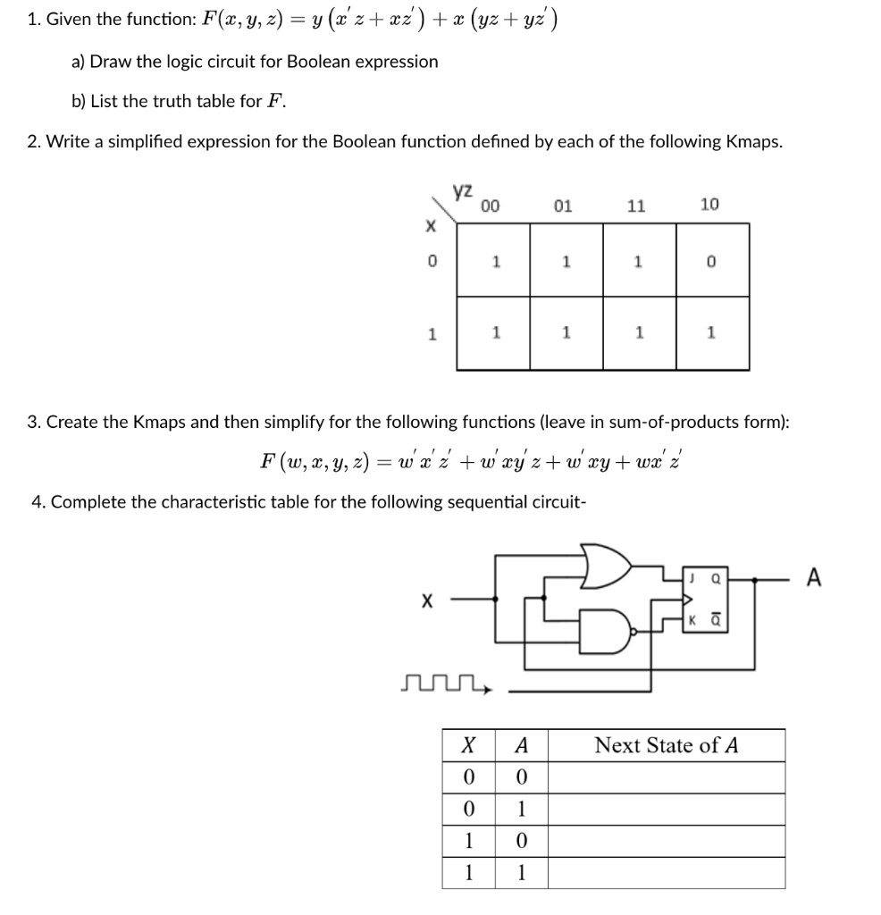 Solved Given the function: F(x,y,z) = y(x'z + xz') + | Chegg.com