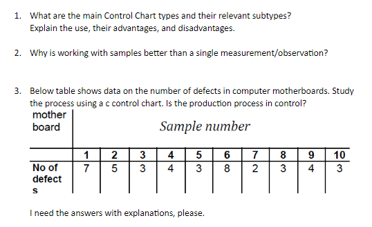Solved 1. What are the main Control Chart types and their | Chegg.com