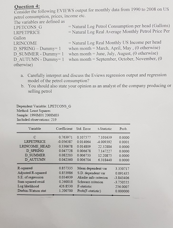 Question 4: Consider the following EVIEWS output for | Chegg.com