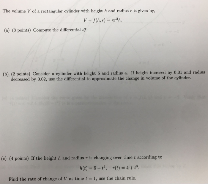 Solved The volume V of a rectangular cylinder with height h | Chegg.com